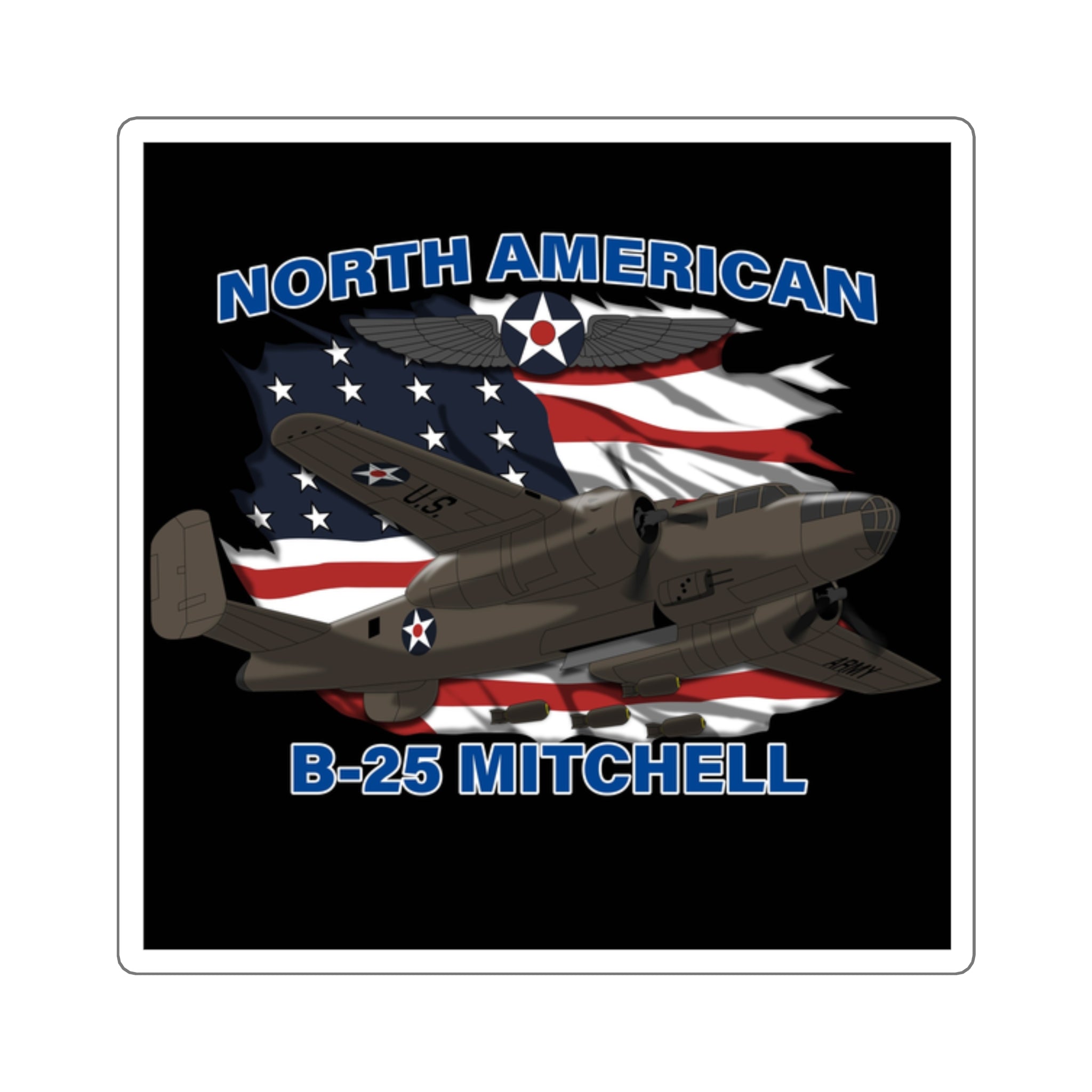 B-25 Mitchell Square Sticker — North American Bomber with US Flag Desi ...